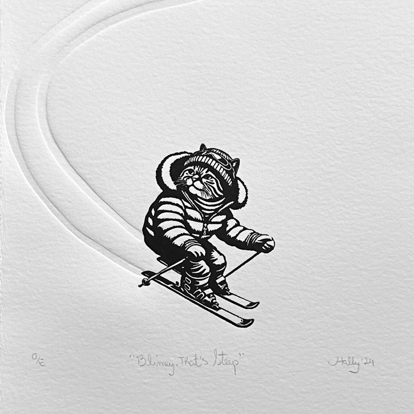Blimey That's Steep - Original Handmade Linocut Print of a Cat Skiing ...
